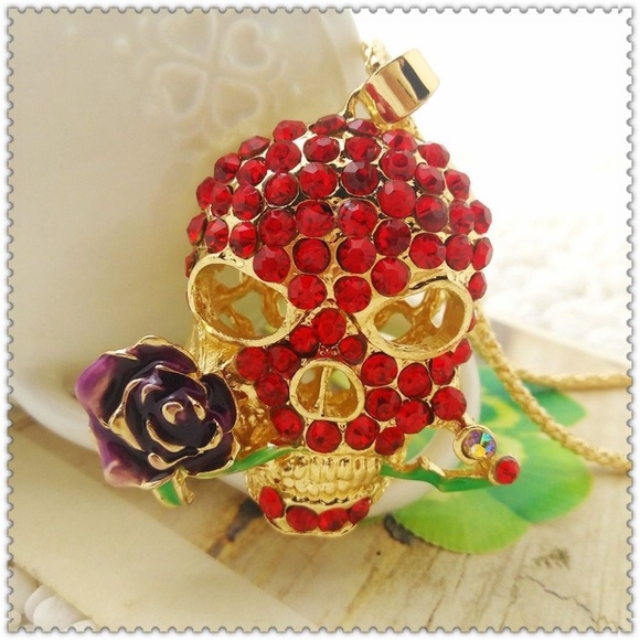 Jewelry | New Red Crystal Skull Rose Goth Chain Necklace | Poshmark
